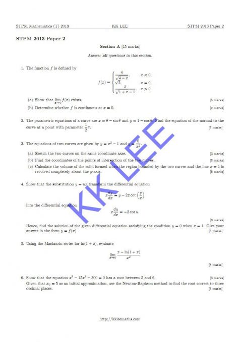 STPM 2013 MT Paper 2 Question - KK LEE MATHEMATICS