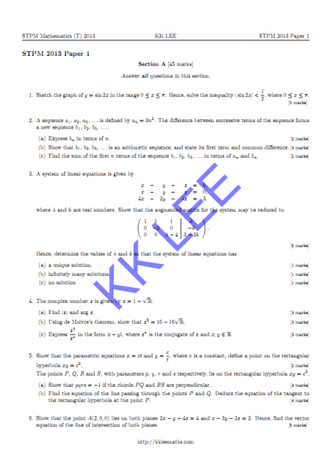 STPM 2013 MT Paper 1 Question - KK LEE MATHEMATICS