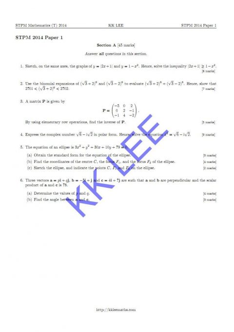STPM 2014 MT Paper 1 Question - KK LEE MATHEMATICS