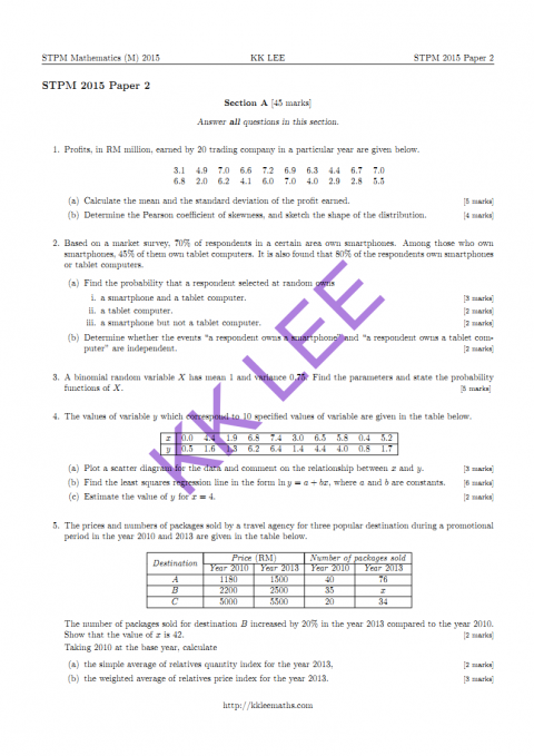 STPM 2015 MM Paper 2 Question - KK LEE MATHEMATICS