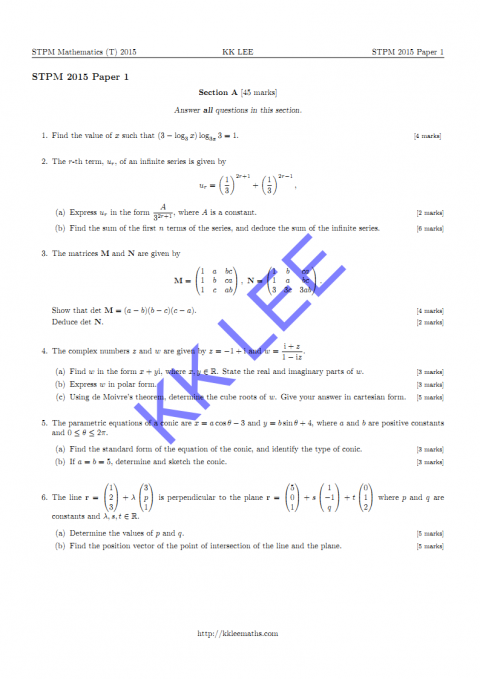 STPM 2015 MT Paper 1 Question - KK LEE MATHEMATICS