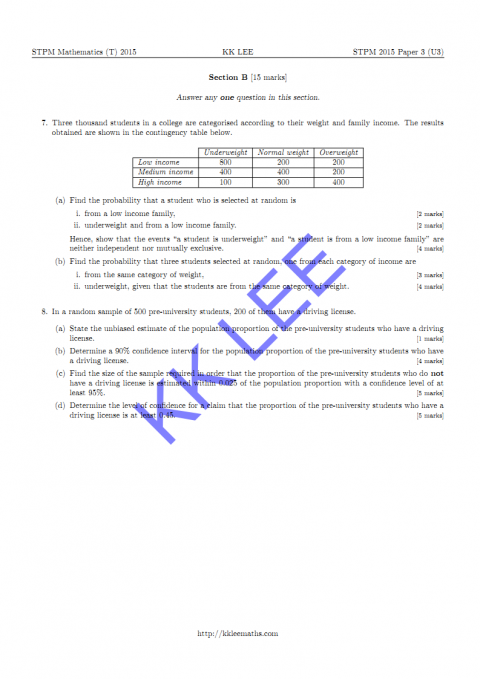 STPM 2015 MT Repeat Paper 3 Question - KK LEE MATHEMATICS
