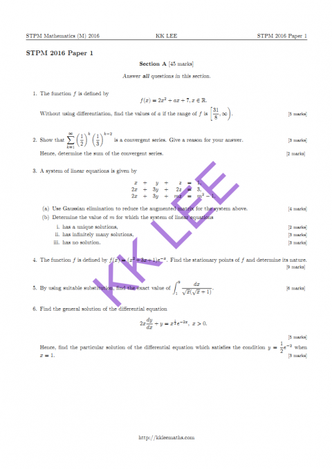 STPM 2016 MM Paper 1 Question - KK LEE MATHEMATICS