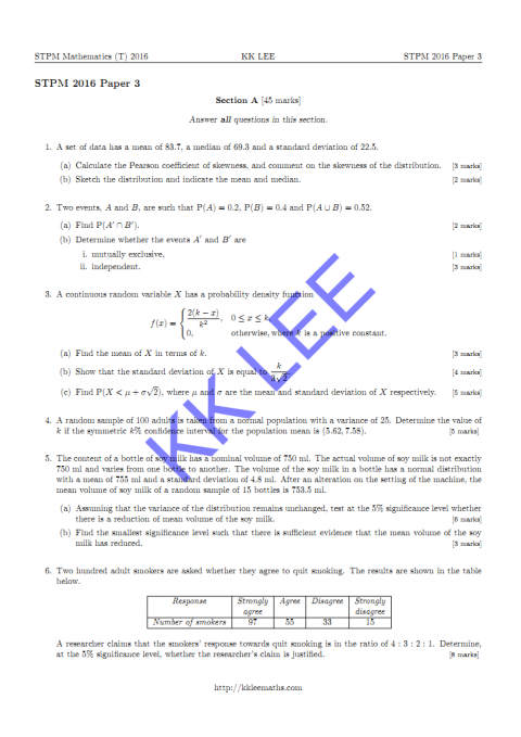 STPM 2016 MT Paper 3 Question - KK LEE MATHEMATICS