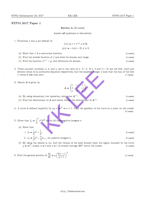 STPM 2017 MM Paper 1 Question - KK LEE MATHEMATICS