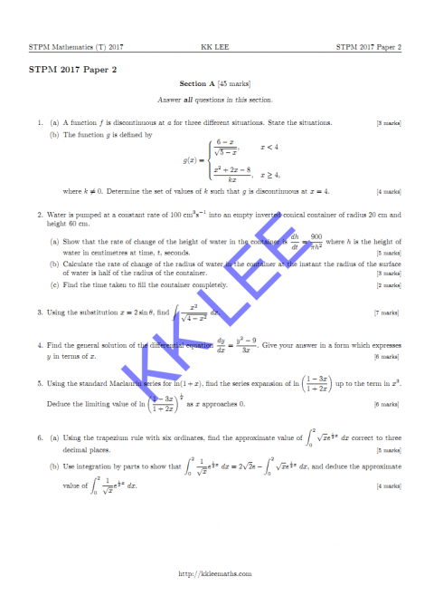 STPM 2017 MT Paper 2 Question - KK LEE MATHEMATICS