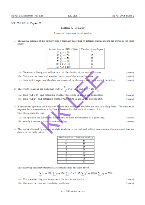 STPM 2018 MM Paper 2 Question - KK LEE MATHEMATICS