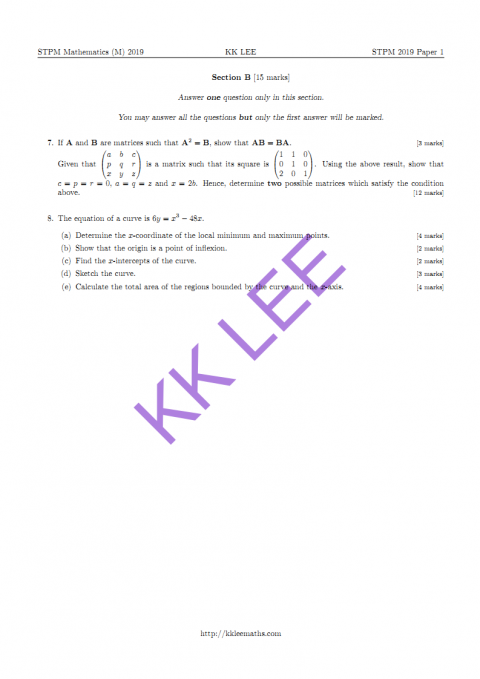 STPM 2019 MM Paper 1 Question - KK LEE MATHEMATICS