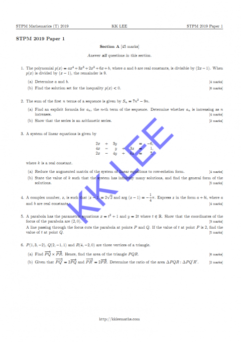 STPM 2019 MT Paper 1 Question - KK LEE MATHEMATICS