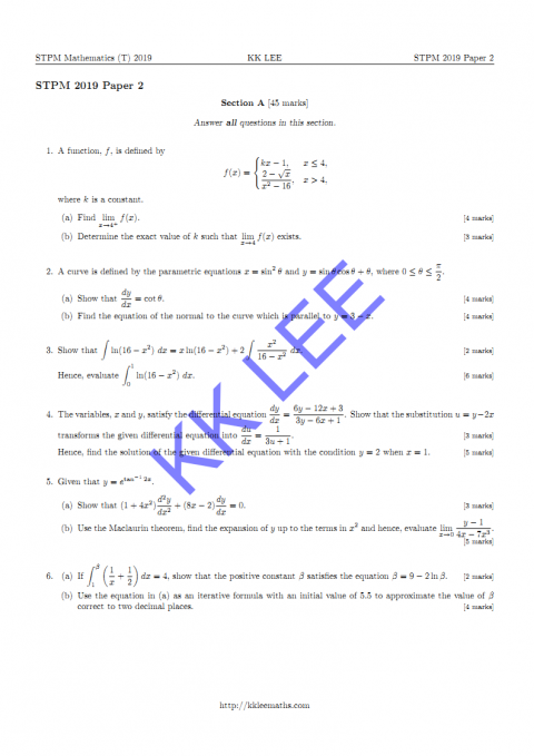 STPM 2019 MT Paper 2 Question - KK LEE MATHEMATICS