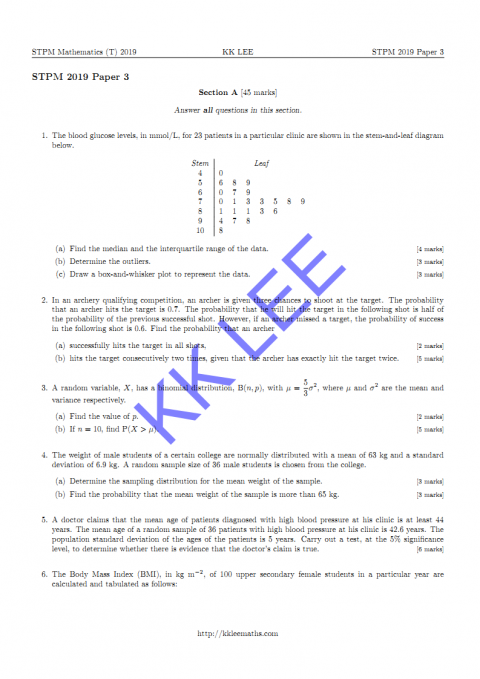 STPM 2019 MT Paper 3 Question - KK LEE MATHEMATICS
