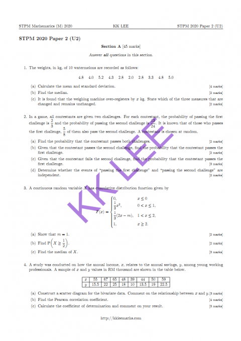 STPM 2020 MM Repeat Paper 2 Question - KK LEE MATHEMATICS