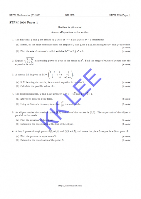 STPM 2020 MT Paper 1 Question - KK LEE MATHEMATICS