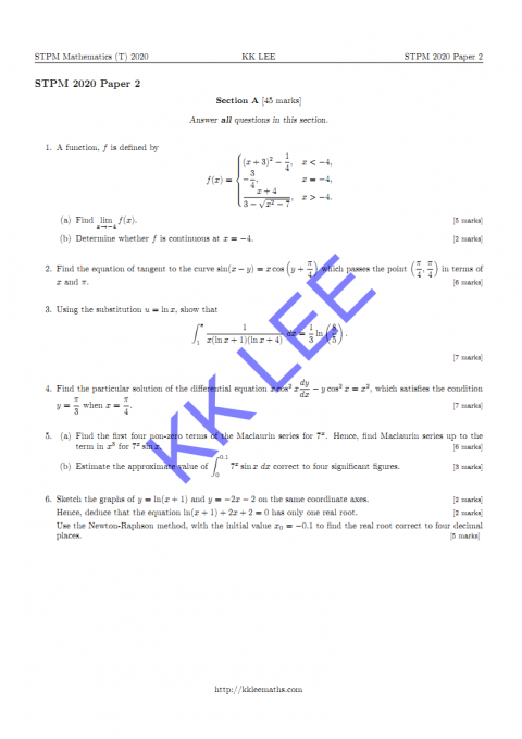 STPM 2020 MT Paper 2 Question - KK LEE MATHEMATICS
