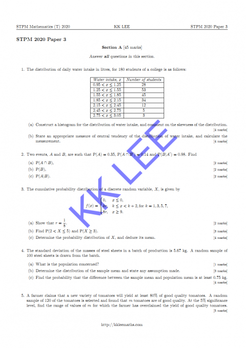 STPM 2020 MT Paper 3 Question - KK LEE MATHEMATICS