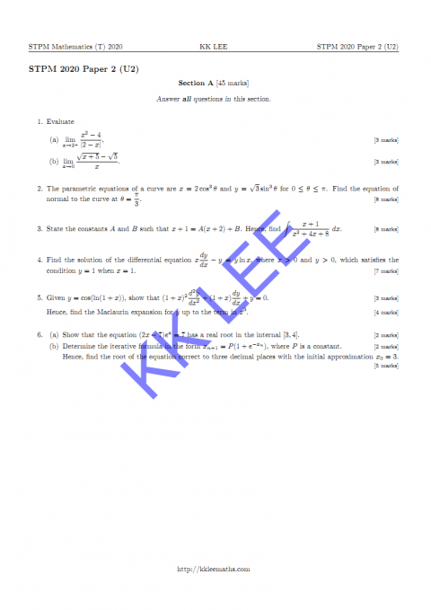 STPM 2020 MT Repeat Paper 2 Question - KK LEE MATHEMATICS